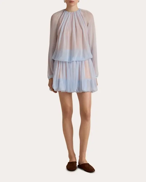 Marina Moscone Silk Chiffon Gathered Long-sleeve Blouse - Blue