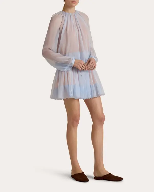 Marina Moscone Silk Chiffon Gathered Long-sleeve Blouse - Blue