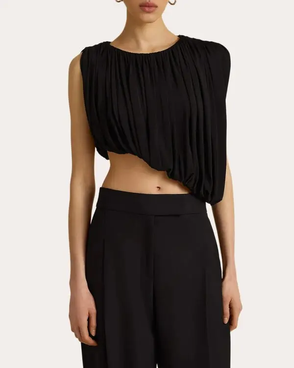 Marina Moscone Jersey Gathered Drape Asymmetric Crop Top - Black