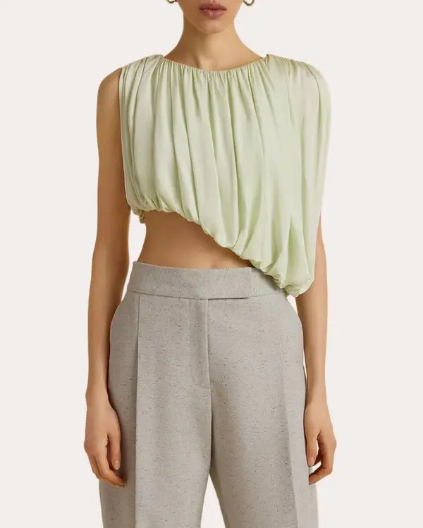Marina Moscone Jersey Gathered Drape Asymmetric Crop Top - Green