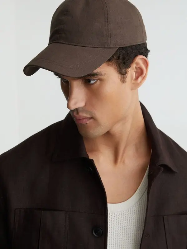 REISS Lucas Linen Baseball Cap - Chocolate Brown