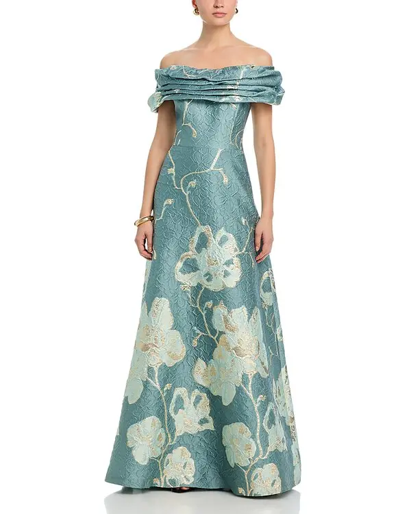 Rickie Freeman For Teri Jon Off-the-shoulder Jacquard Gown