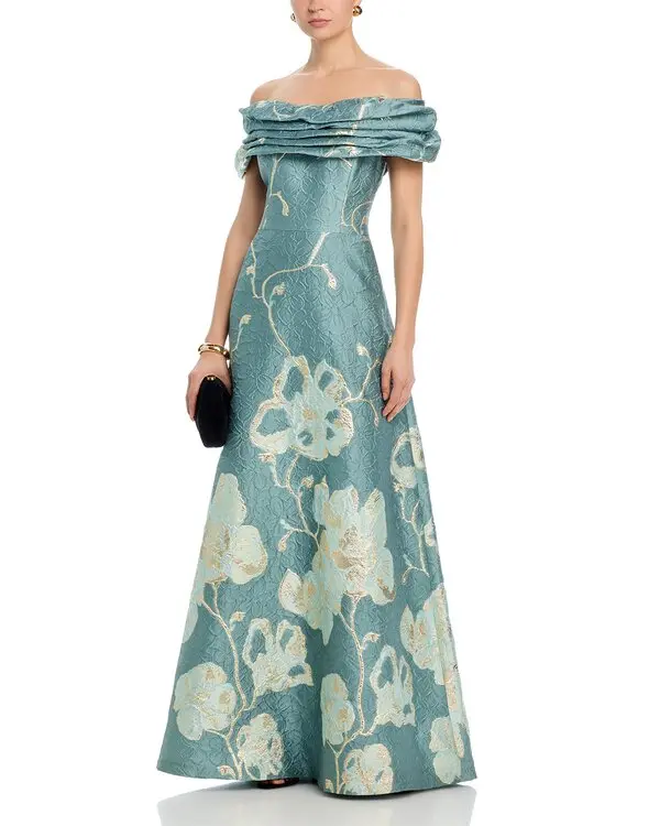 Rickie Freeman For Teri Jon Off-the-shoulder Jacquard Gown