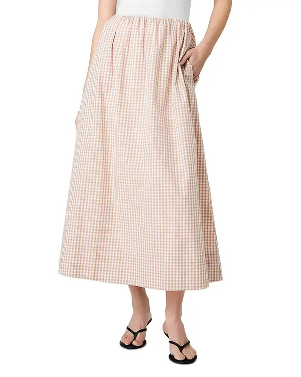 French Connection Rhodes Ruched Waist Midi Skirt - Almond Nude Petite Gingham