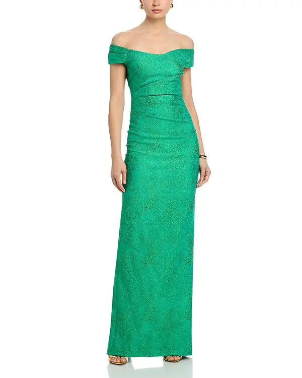 Rickie Freeman For Teri Jon Shimmer Jacquard Off Shoulder Gown - Kelly Green