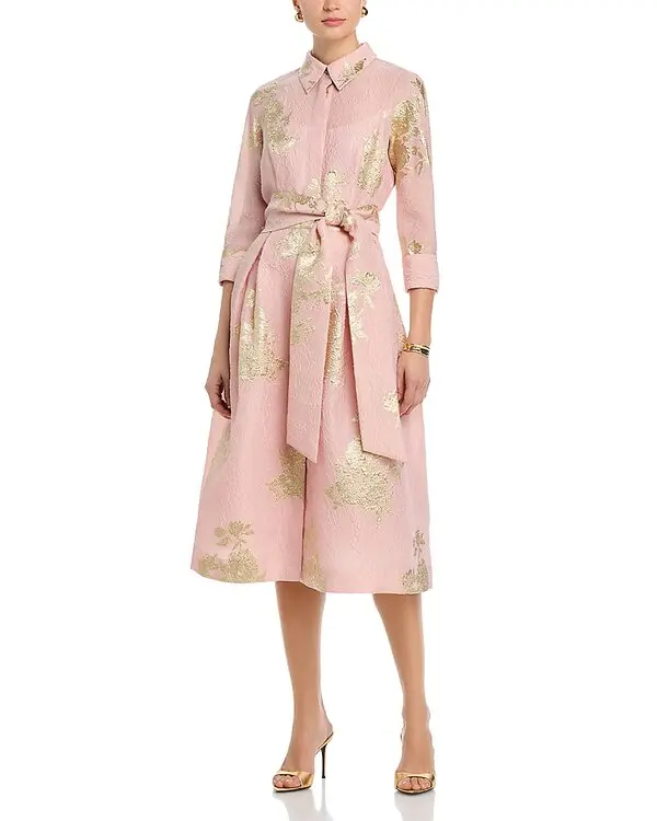 Rickie Freeman For Teri Jon Metallic Floral Jacquard Shirt Dress - Pink Gold