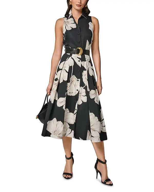Donna Karan New York Sleeveless Floral Print Belted A-line Dress