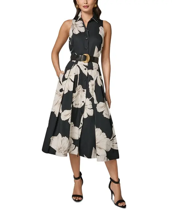Donna Karan New York Sleeveless Floral Print Belted A-line Dress