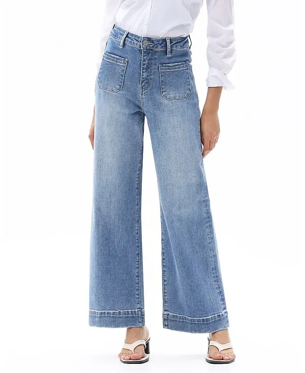 BAYEAS High-rise Wide Leg Jeans With Patch Pockets - Medium Blue