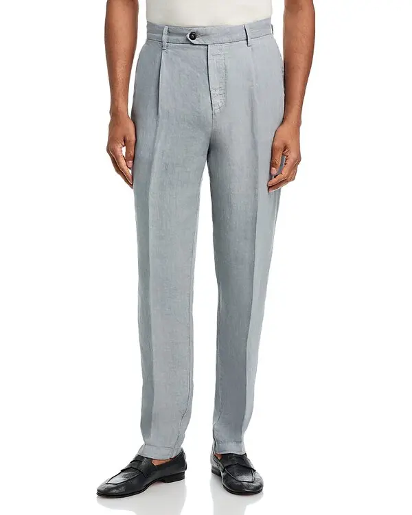 Eleventy Garment-dyed Linen Relaxed Fit Pleated Trousers - Blue/ Grey