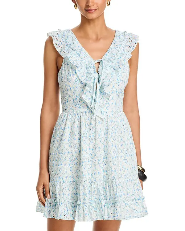 Aqua Floral Ruffle Tie Mini Dress - White/blue
