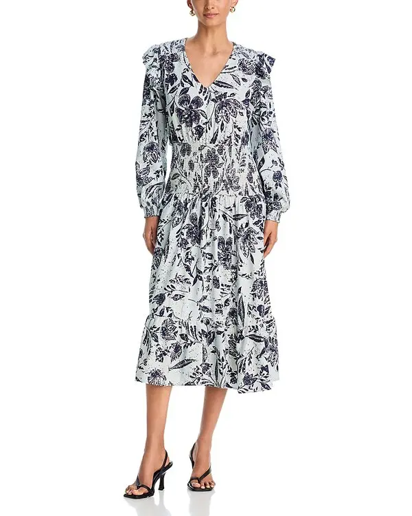 Aqua Long Sleeve V-neck Midi Dress - Blue Multi