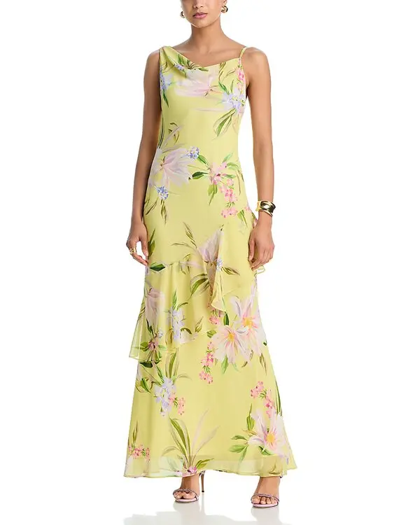 Aqua Asymmetric Chiffon Dress - Yelow/multi