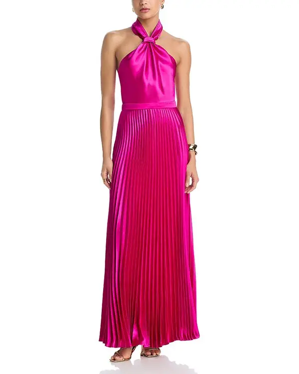 Aqua Knot Neck Charmeuse Gown - Fushia
