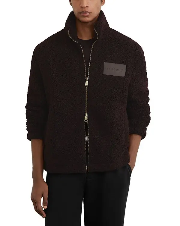 REISS Embroidered Motorsport Fleece Jacket - Chocolate