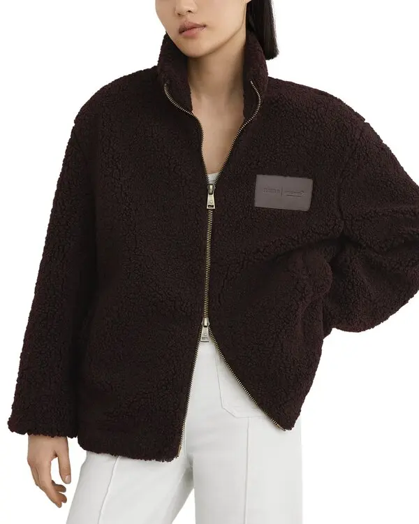 REISS Embroidered Motorsport Fleece Jacket - Chocolate