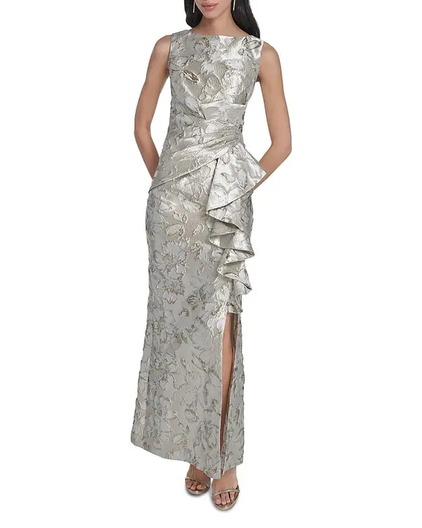 Eliza J Metallic Jacquard Ruffled Gown - Champagne