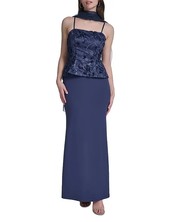 Eliza J Overlay Embroidered Gown - Navy