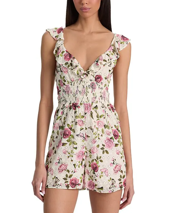 Alice + Olivia Gemma Embroidered Eyelet Romper - Garden Gossip Off White
