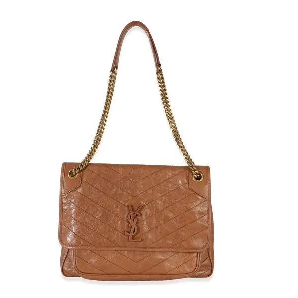 Saint Laurent Caramel Crinkled Calfskin Matelasse Niki Chain Satchel - Brown