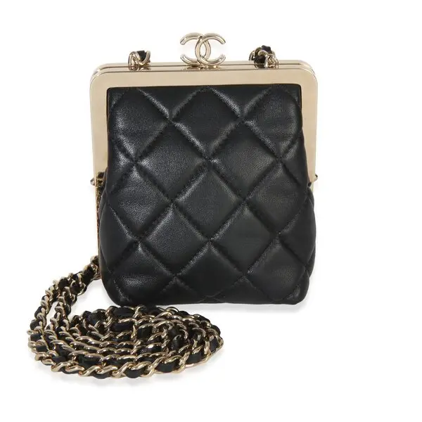 Chanel Quilted Lambskin Cc Frame Clutch With Chain - Black
