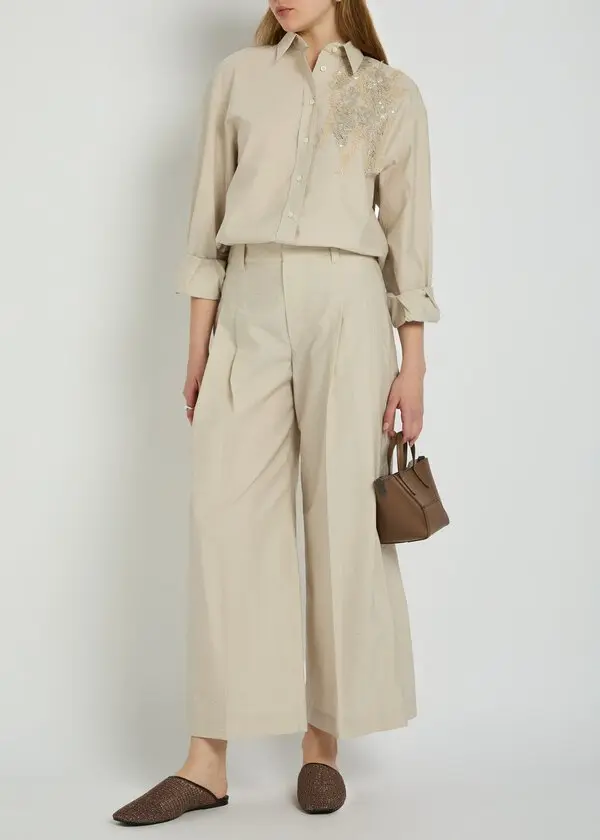 Brunello Cucinelli Crinkled Cotton-blend Wide-leg Trousers