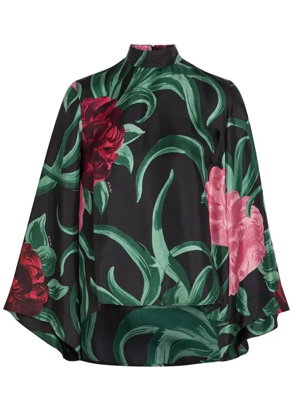 La DoubleJ Floral-print Silk-twill Top - Black