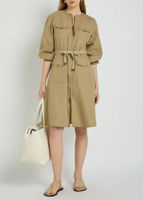 Moncler Logo-appliquéd Belted Cotton-blend Midi Dress - Beige