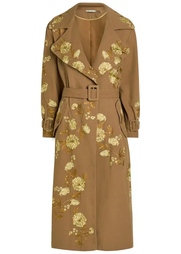 Alice + Olivia Floral-embroidered Canvas Trench Coat - Brown