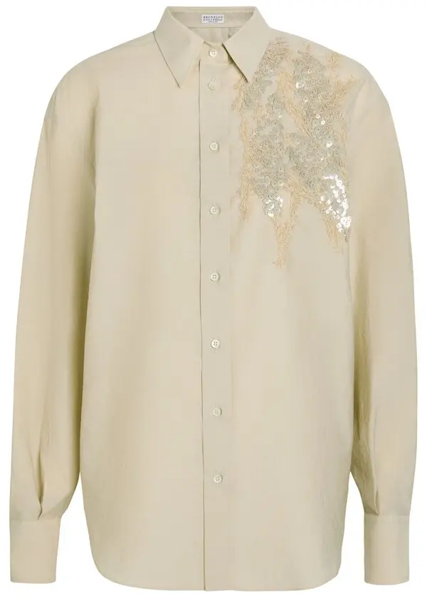 Brunello Cucinelli Embellished Crinkled Cotton-blend Shirt - Beige