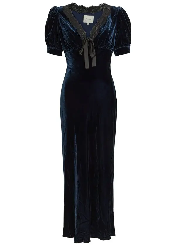 REFORMATION Camille Lace-trim Velvet Midi Dress - Dark Blue