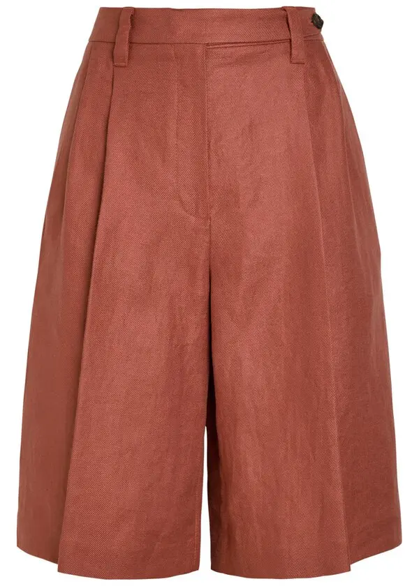 Brunello Cucinelli Pleated Linen Bermuda Shorts - Terracotta