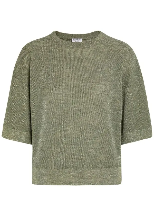 Brunello Cucinelli Metallic Fine-knit Sweater Top - Khaki