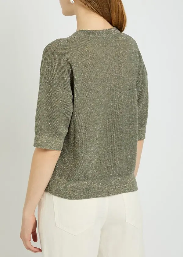 Brunello Cucinelli Metallic Fine-knit Sweater Top - Khaki