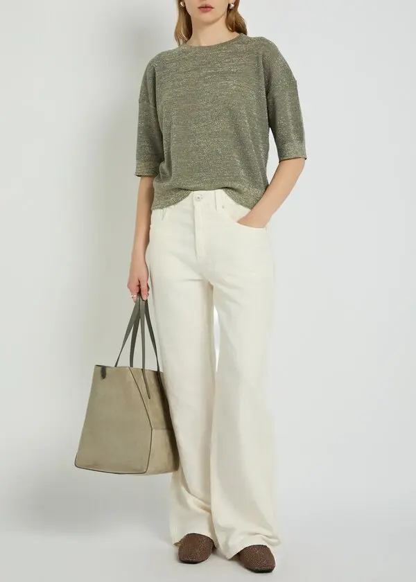Brunello Cucinelli Metallic Fine-knit Sweater Top - Khaki