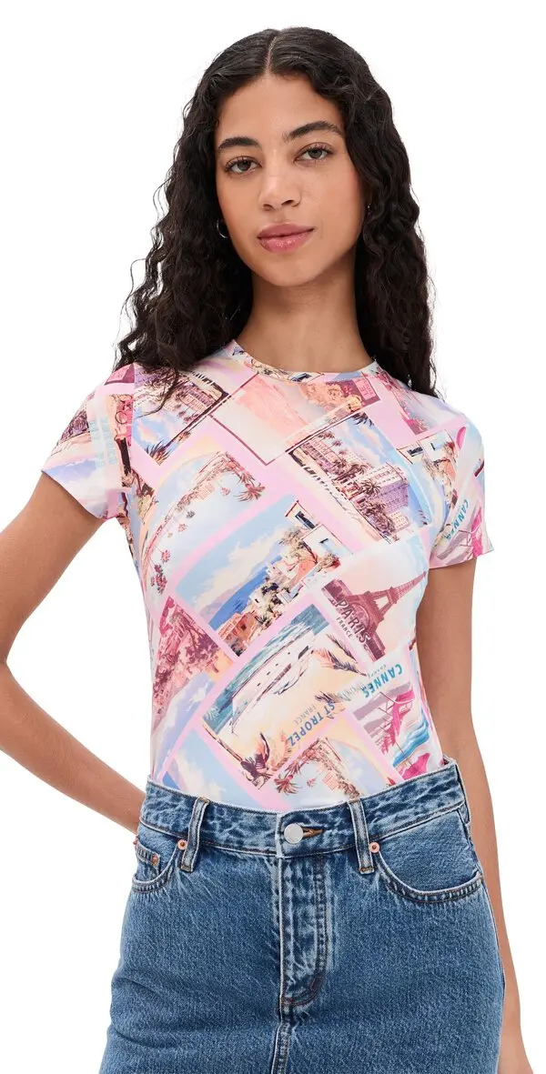 L'Agence Postcard Print Crewneck Tee - Pink Postcard Print