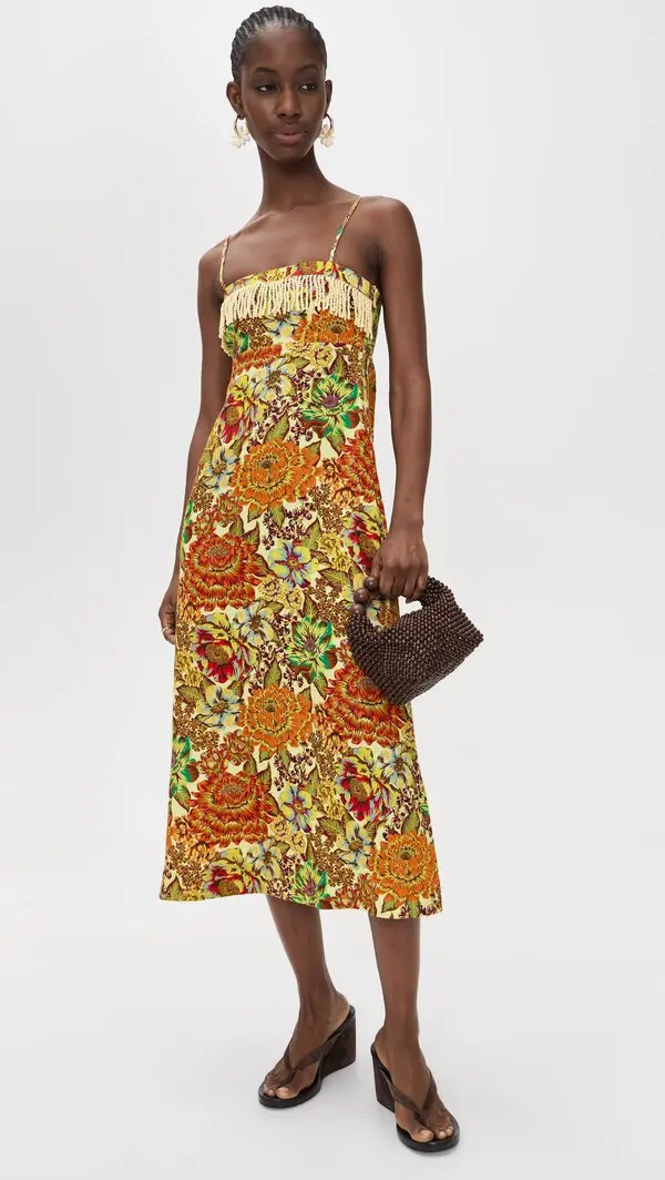 alemais linen dress Alemais Lana Floral Print Linen Midi Dress With Fringe Trim - Multi