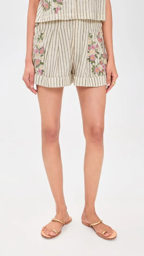 Agua Bendita Rommy Paraiso Striped Floral Appliqué Shorts