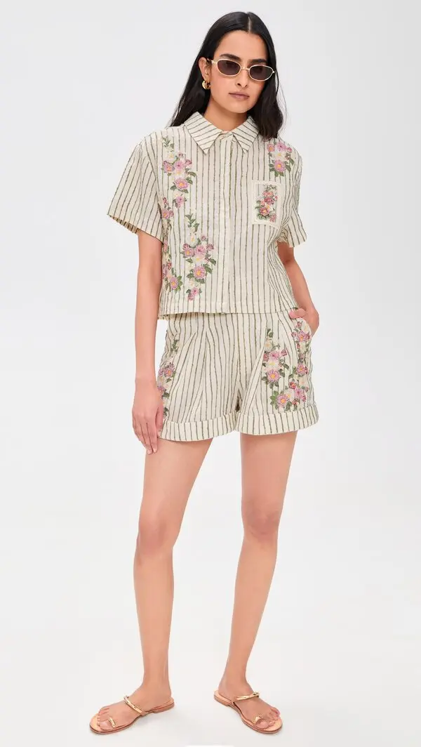 Agua Bendita Rommy Paraiso Striped Floral Appliqué Shorts