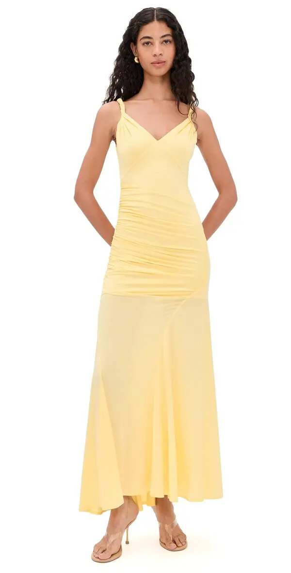 Alice + Olivia Bianca Twist Strap Asymmetrical Godet Maxi Dress - Butter
