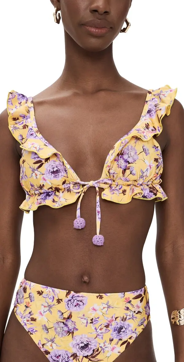 PatBO Peony Print Lycra Ruffle Bikini Top - Yellow