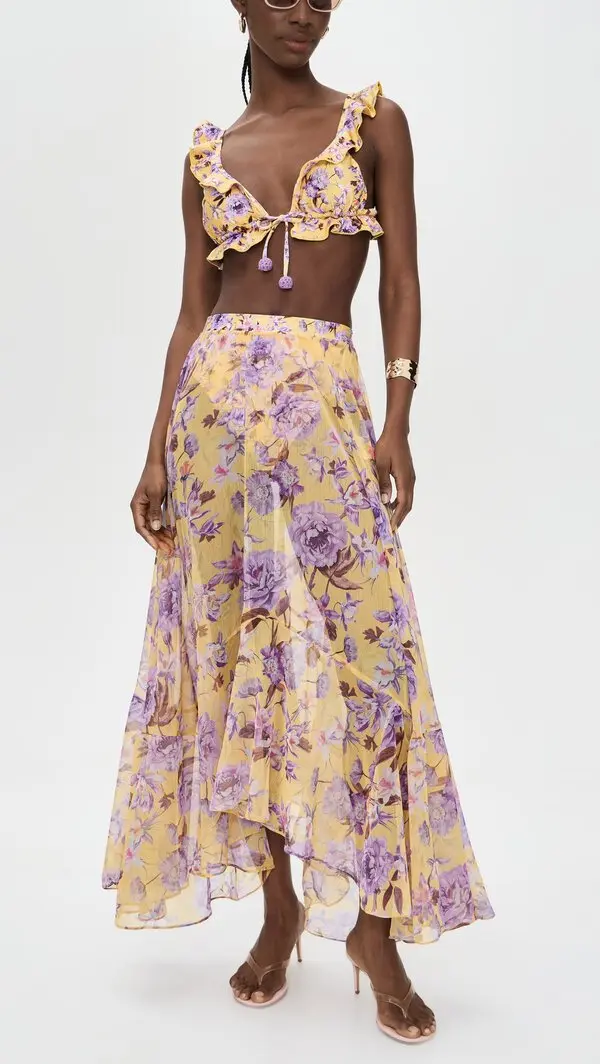 PatBO Peony Print Lycra Ruffle Bikini Top