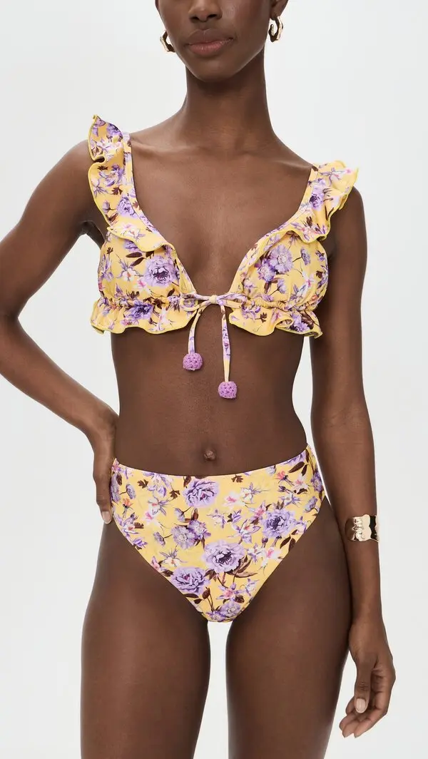 PatBO Peony Print Lycra Ruffle Bikini Top