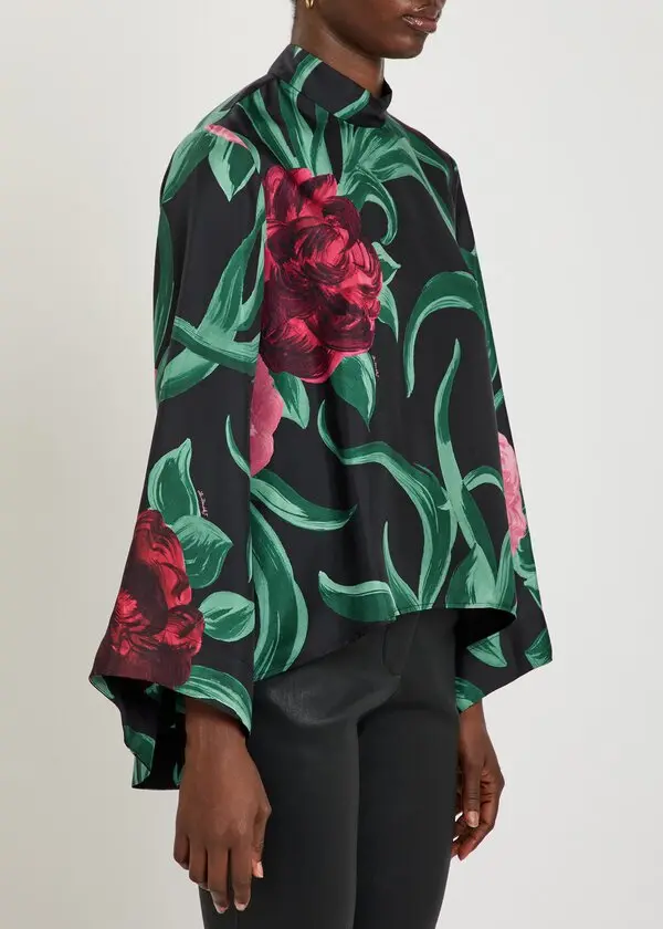 La DoubleJ Floral-print Silk-twill Top - Black