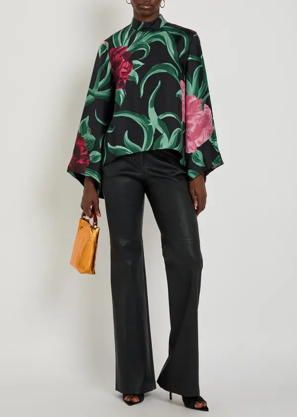 La DoubleJ Floral-print Silk-twill Top - Black