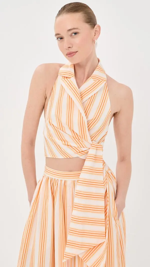 Rosie Assoulin Striped Cotton Halter Top With Wrap Detail - Orange Multi