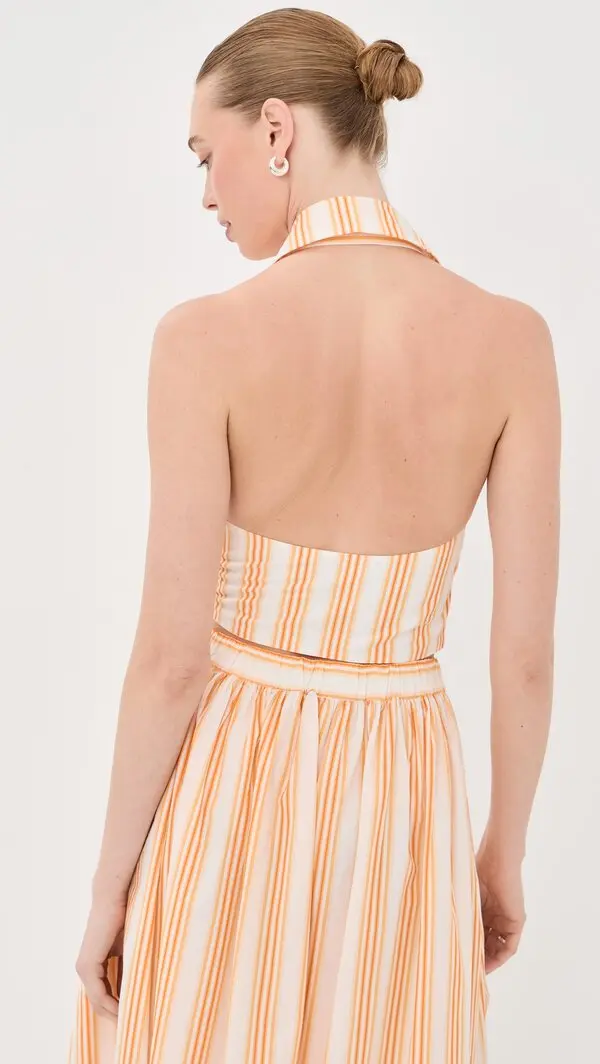 Rosie Assoulin Striped Cotton Halter Top With Wrap Detail - Orange Multi
