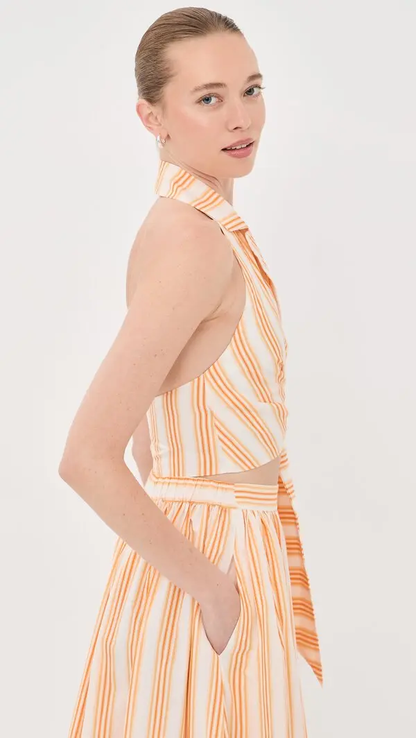 Rosie Assoulin Striped Cotton Halter Top With Wrap Detail - Orange Multi
