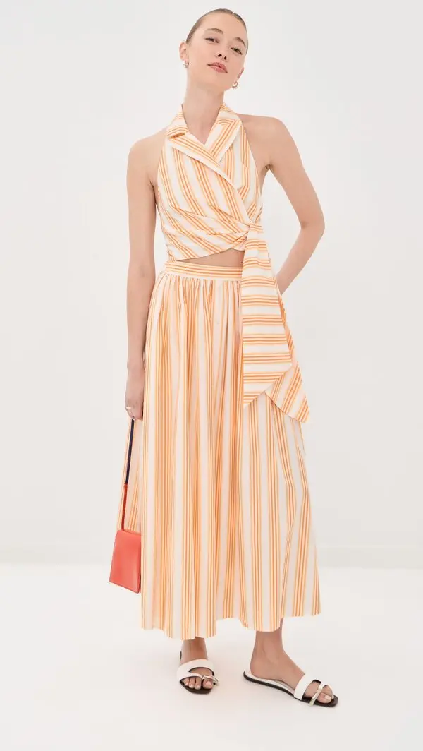Rosie Assoulin Striped Cotton Halter Top With Wrap Detail - Orange Multi