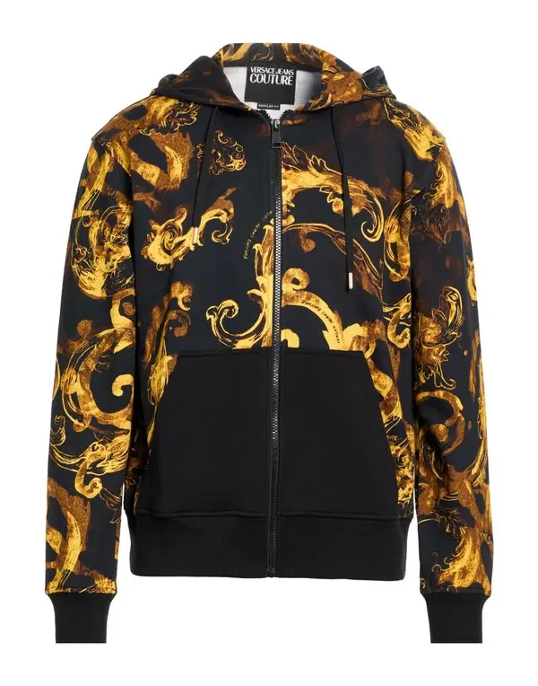 Versace Full Zip Hooded Sweatshirt With Signature Print - Black